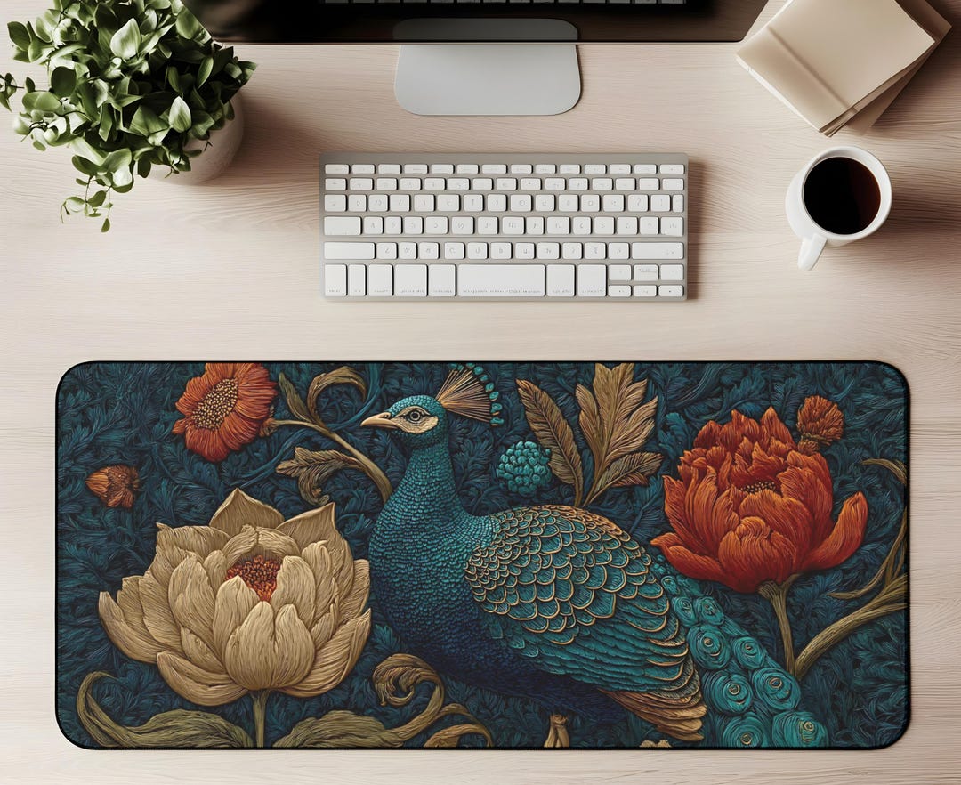 Regal Peacock Desk Mat Botanical Mouse Pad Elegant Gaming Mat Vintage ...