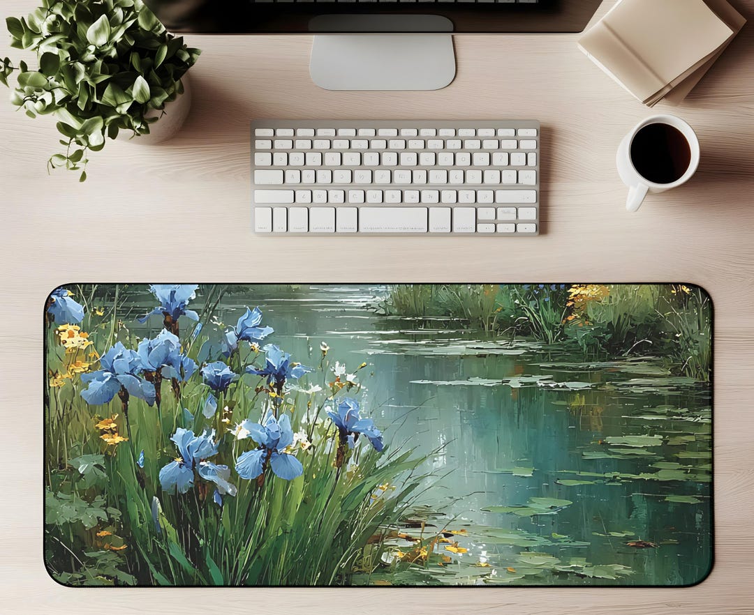 Blue Iris Pond Desk Mat Serene Water Garden Mouse Pad Nature Lover ...