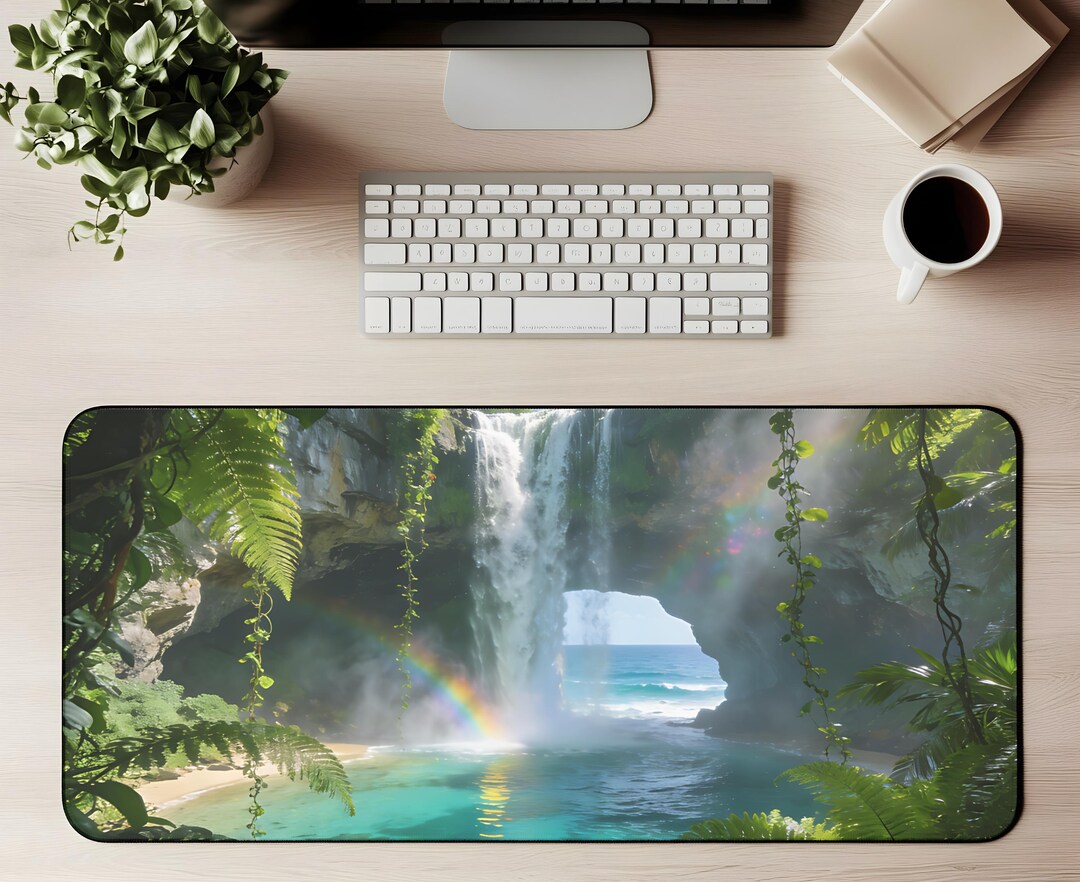 Tropical Waterfall Desk Mat Ocean Mouse Pad Sea Cave Scene Gaming Mat ...