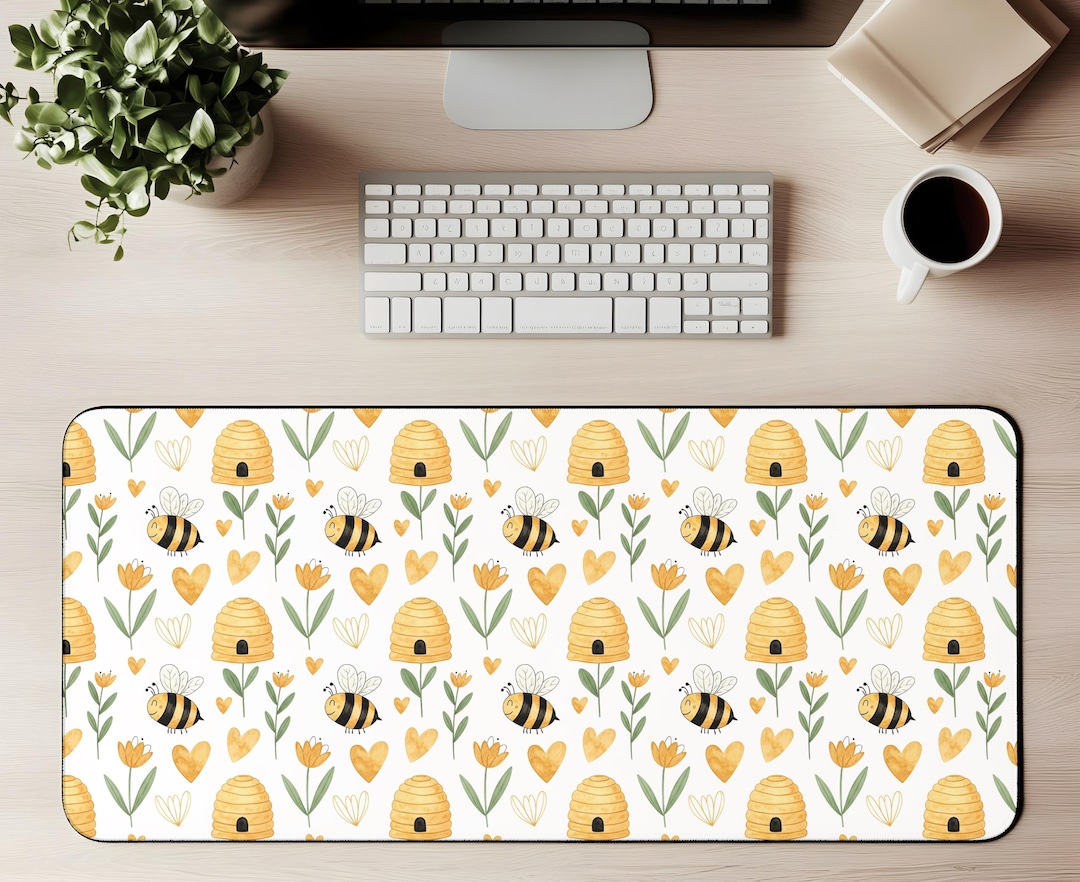 Desk Mat Mouse Pad Cute Bee Beehive Floral Pattern Yellow Heart Garden ...