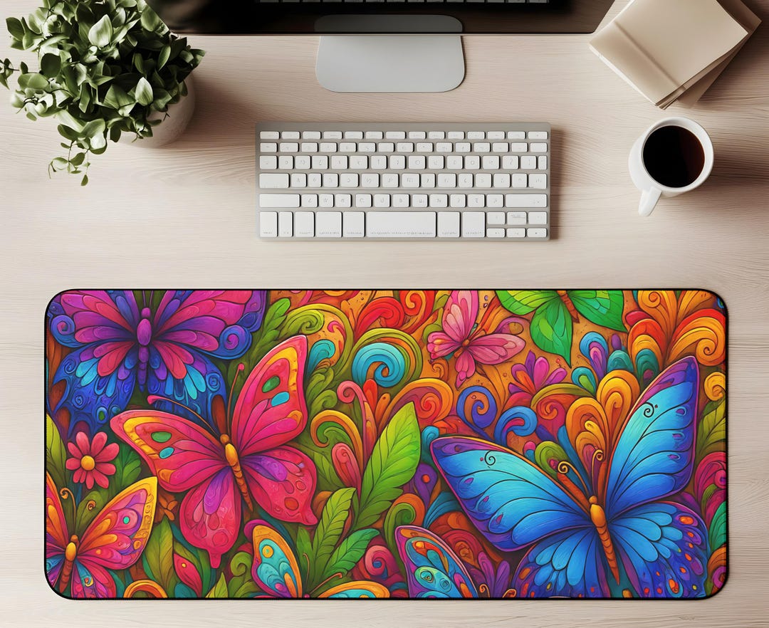 Colorful Butterfly Desk Mat Psychedelic Garden Large Gaming Mouse Pad ...