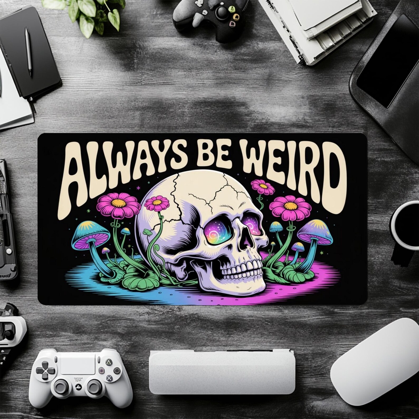 Always Be Weird Desk Mat, Colorful Skull & Flowers, Office Decor, Gamer ...