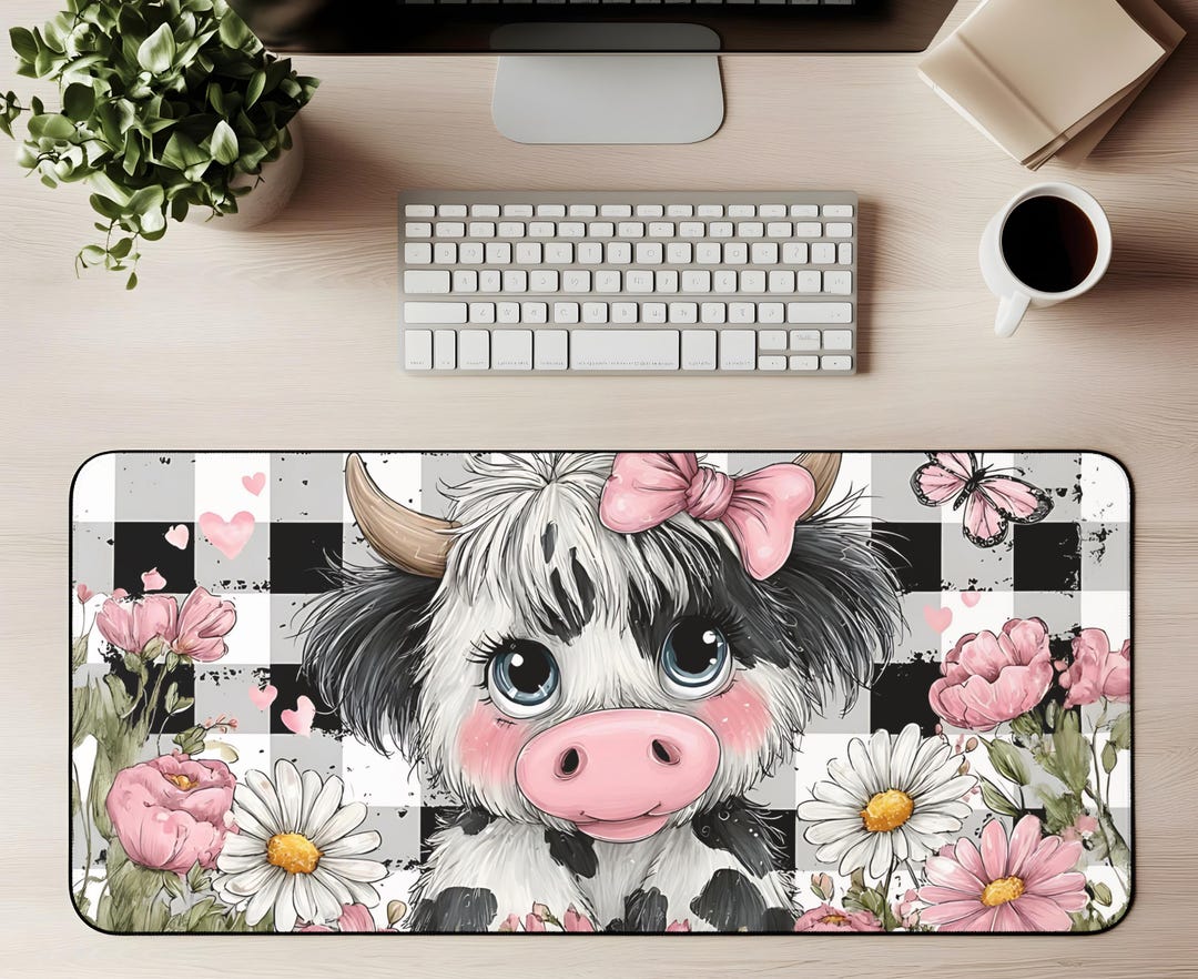 Cute Cow Desk Mat Farmhouse Buffalo Plaid Floral Mouse Pad Pink Bow ...