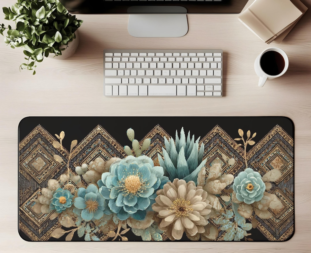 Boho Floral Desk Mat Aztec Mouse Pad Gaming Mat Teal Gold Botanical ...