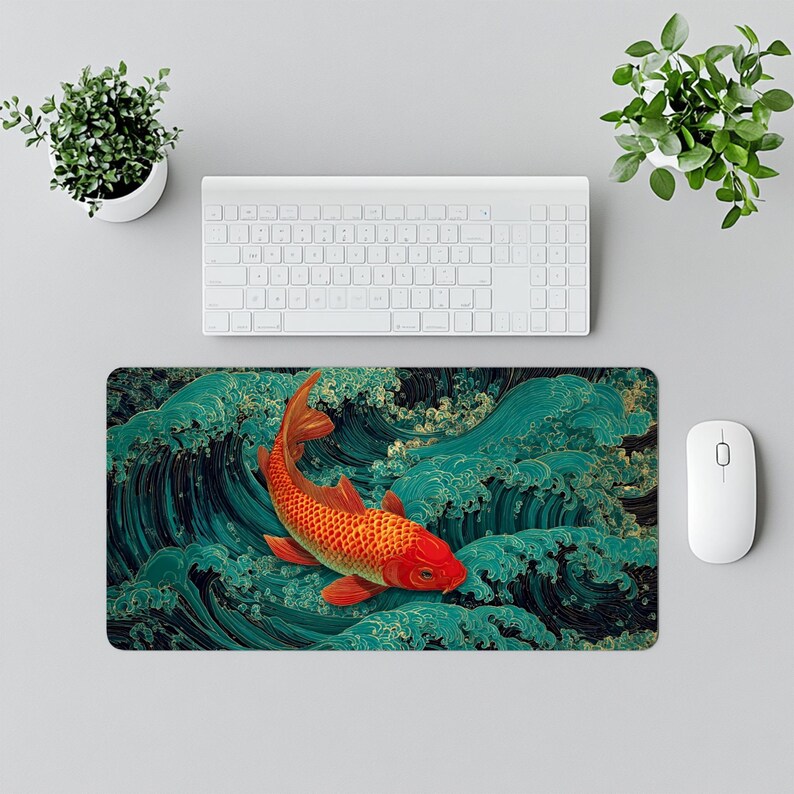 Koi Fish Desk Mat Koi Fish Mouse Pad Japanese Wave Art Golden Koi Carp ...