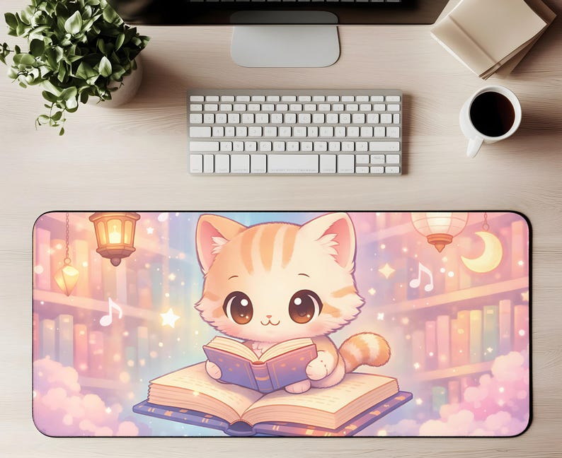 Kawaii Reading Cat Desk Mat Chibi Cute Cat Mouse Pad Cute Kawaiiness ...
