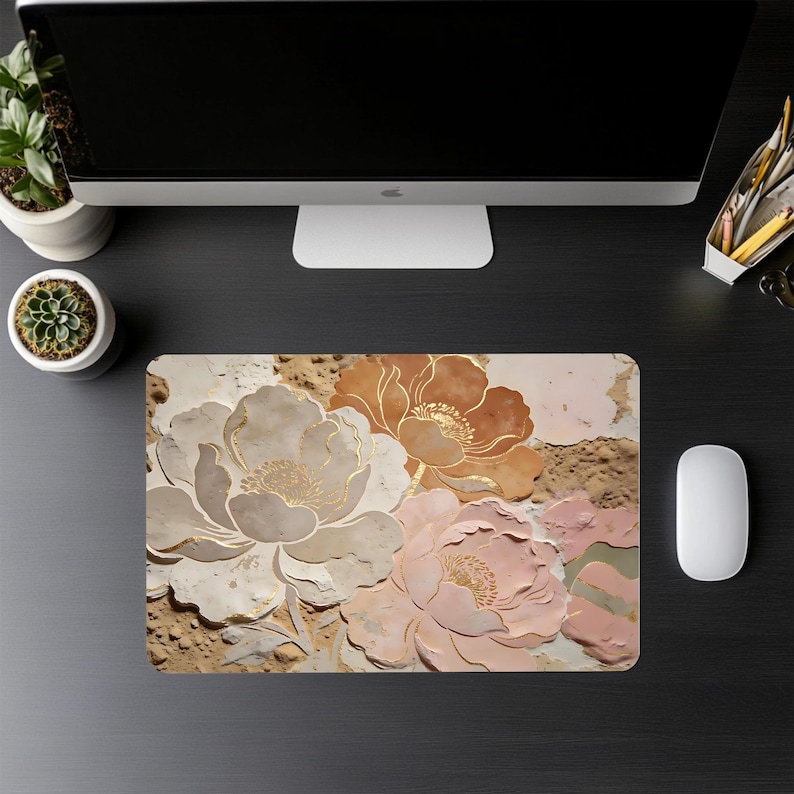 Pastel Floral Peonies Desk Mat | Gold Accents, Neutral Tones - Etsy