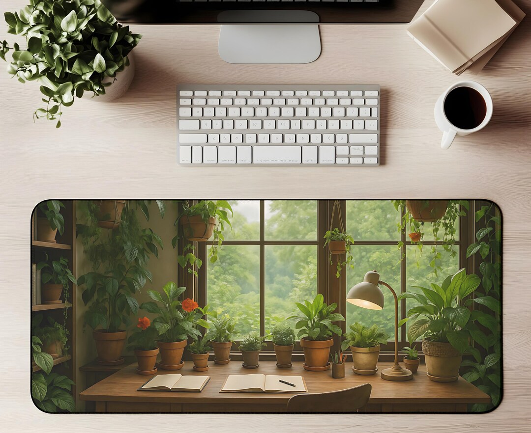 Botanical Window Desk Mat Cozy Greenhouse Plant Study Large Gaming ...