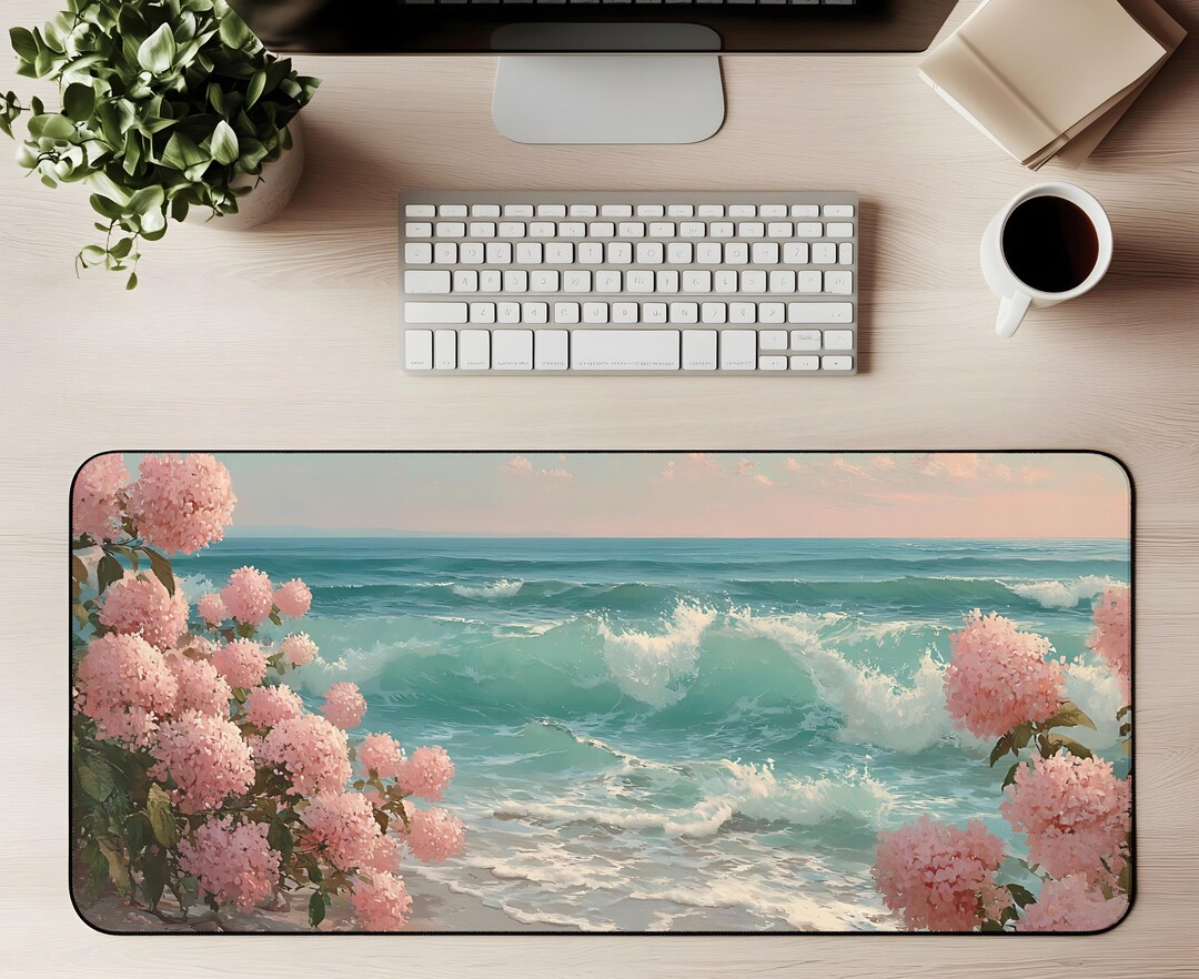 Coastal Bloom Ocean Wave Desk Mat Mouse Pad Gaming Mat Beach Hydrangea ...