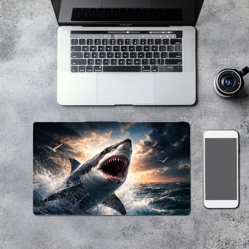 Great White Shark Desk Mat Ocean Storm Predator Mouse Pad Dramatic Sea ...