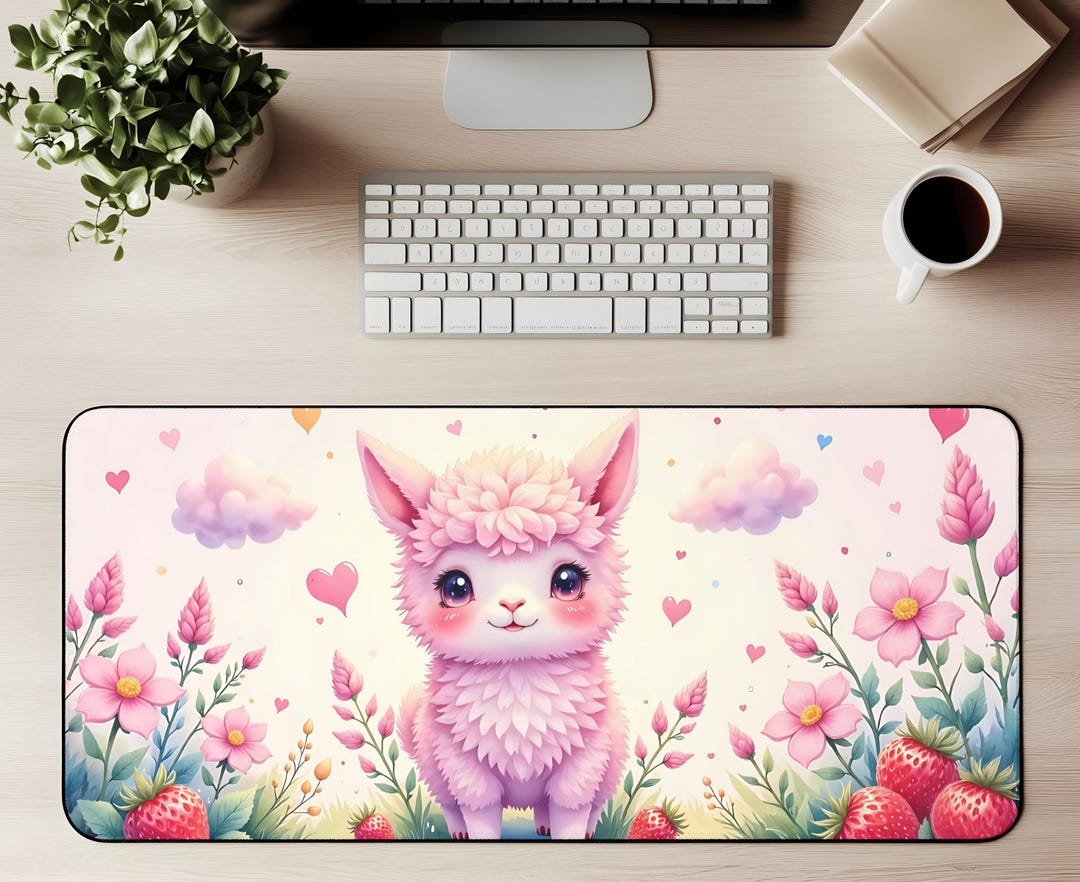 Kawaii Pink Alpaca Desk Mat Cute Strawberry Garden Large Gaming Mouse ...