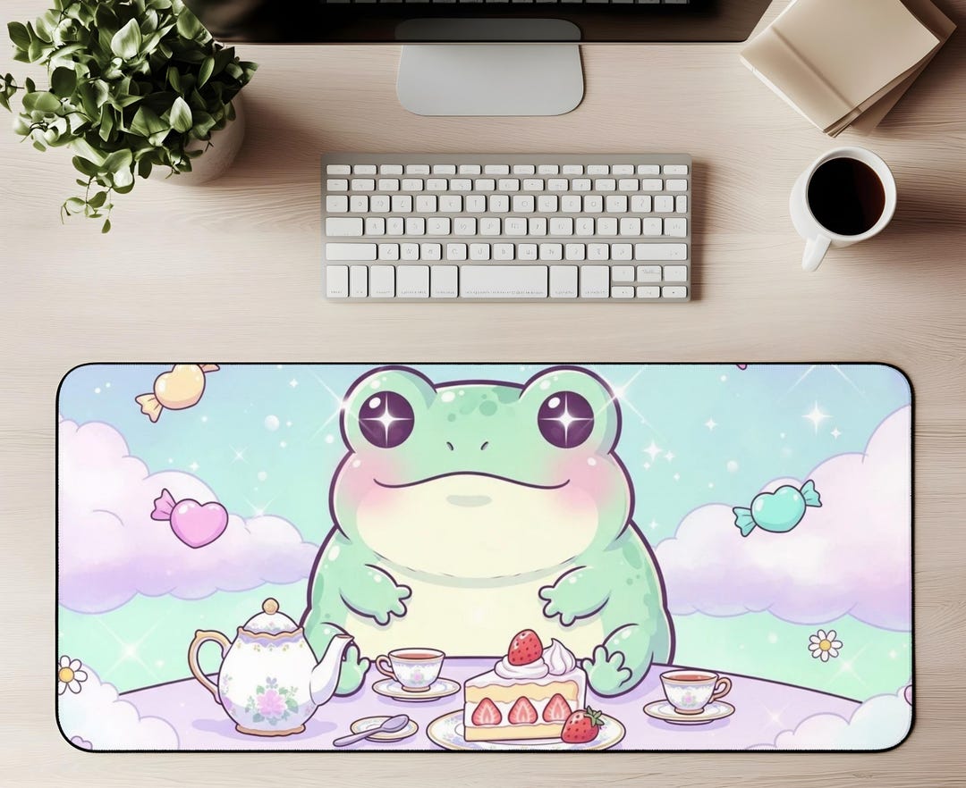 Kawaii Frog Tea Party Desk Mat Cute Pastel Dessert Table Gaming Mouse ...