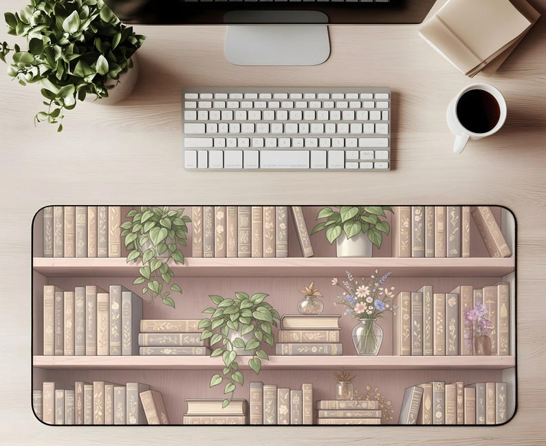 Vintage Bookshelf Desk Mat Mouse Pad Gaming Mat Cozy Library Botanical ...