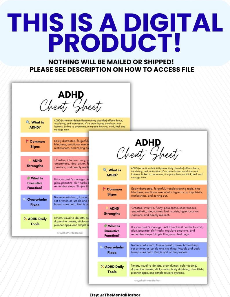 ADHD Cheat Sheet, ADHD Tools, Attention Deficit Hyperactivity Disorder Resources, Executive ...