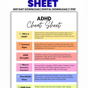 ADHD Cheat Sheet, ADHD Tools, Attention Deficit Hyperactivity Disorder Resources, Executive ...