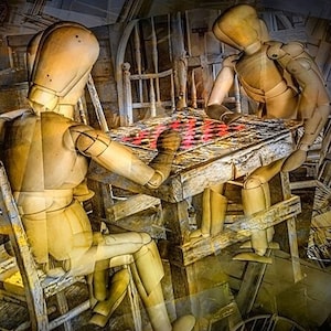 Wall Decor Art of Checker Board Game With Wooden Mannequins in Cubistic ...