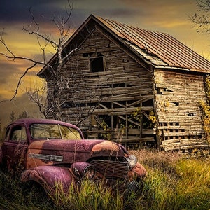 Abandoned Rusty Red Car With Weathered Barn in Americana Farm Scene ...