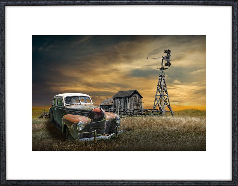 Vintage Auto With Rustic Barn and Farm Windmill Photo old - Etsy