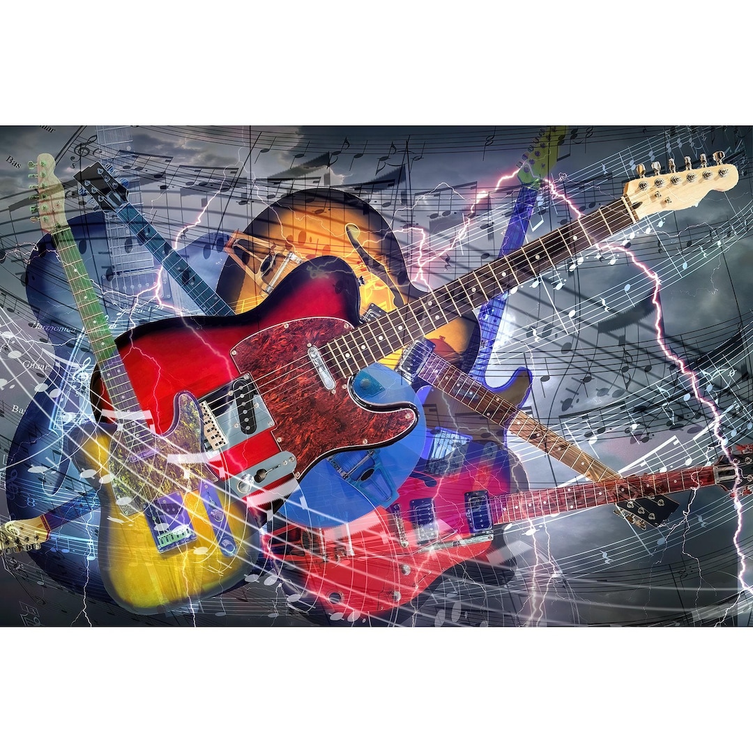 Electric Guitar Musical Art With Lightning Bolts Wall Decor, Playing up ...