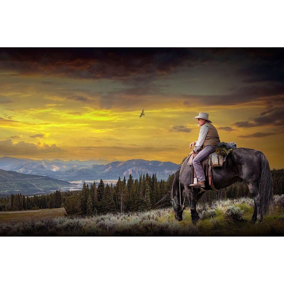 Lone Cowboy Rest Amidst Mountain Sunset Majesty, Western Cowboy Art ...
