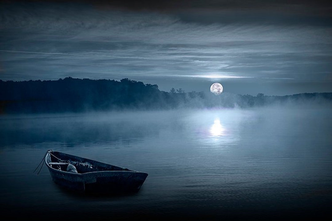 Row Boat-moonrise-fishing Boat-moonlight-anchored-stony Lake-michigan ...