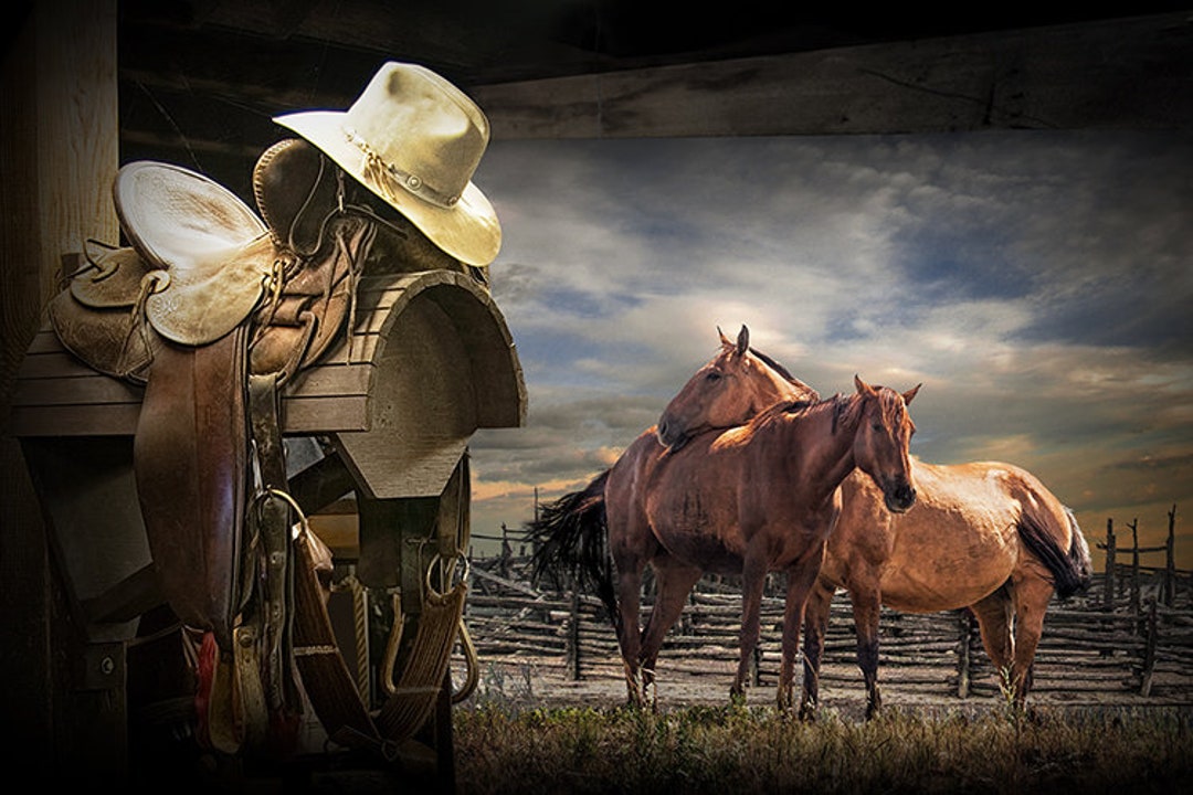 Western Horse Ranch Photograph: Cowboy Hat & Saddle Canvas Wall Decor ...