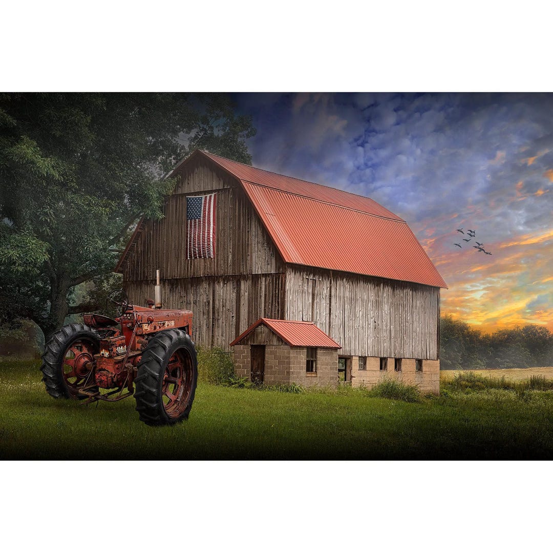 Americana Farm Sunset Print: Red Tractor, Barn, Flying Geese - Etsy