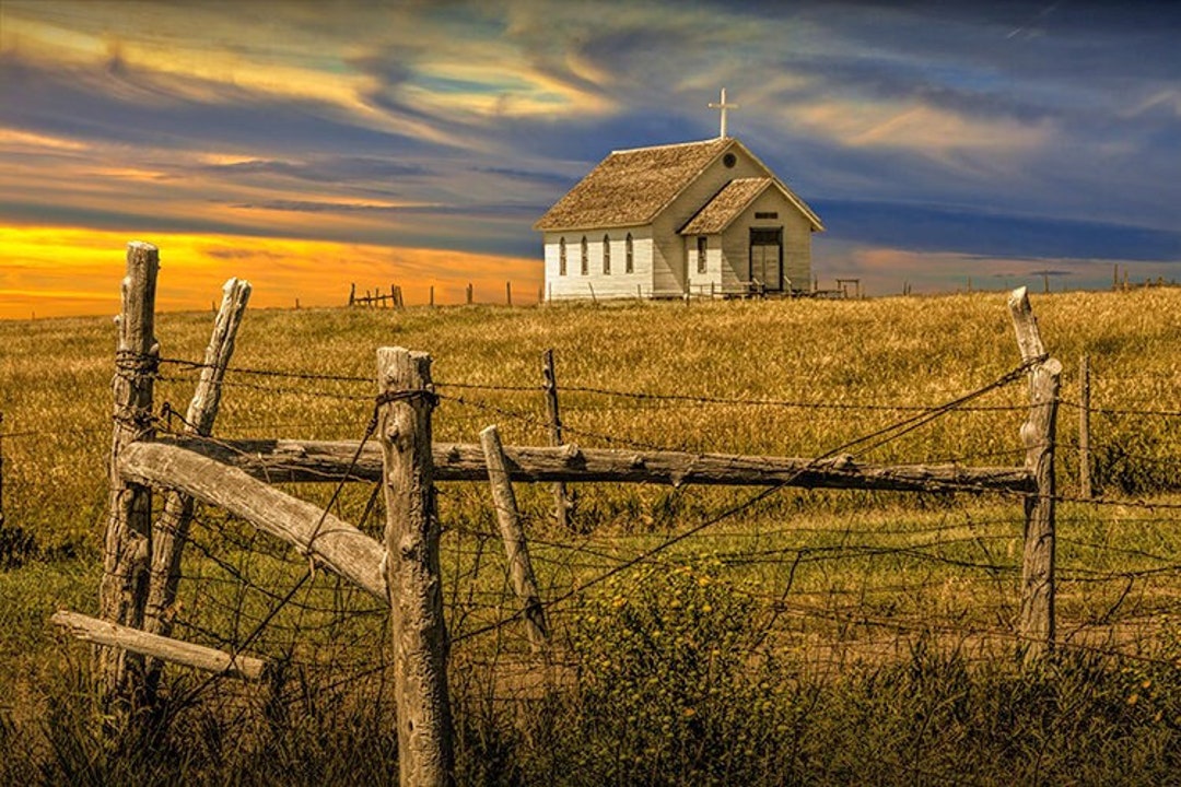 Wall Decor Photo of Old Rural Country Church at Sunset on the Prairie ...