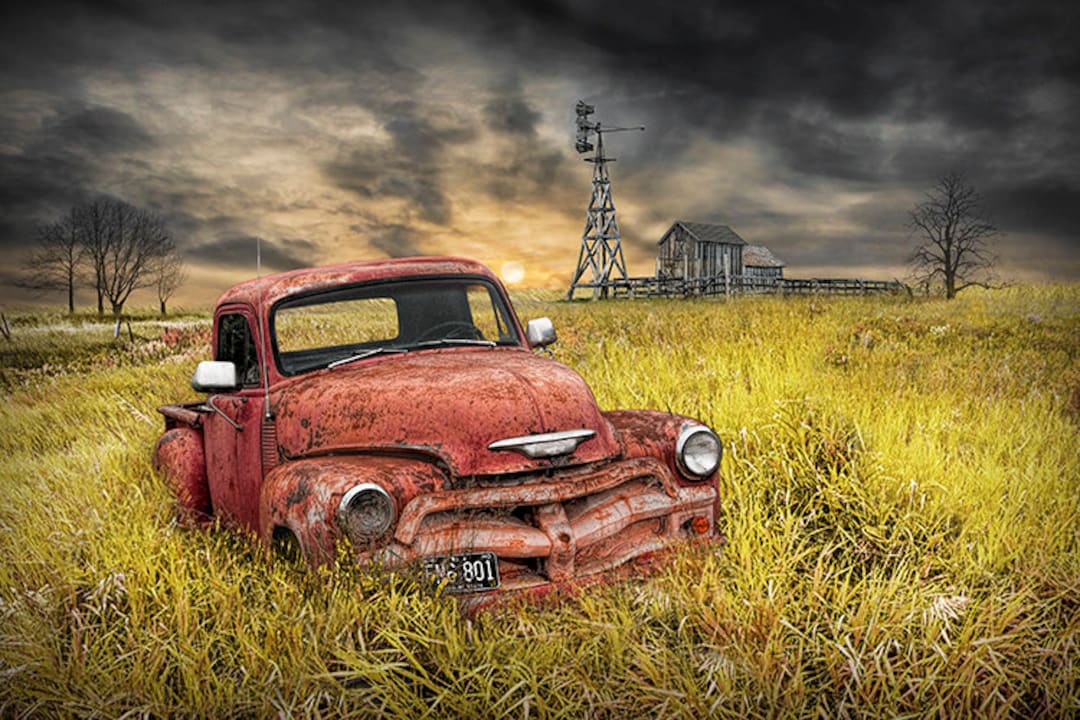 Red Pickup Truck Print, Americana Truck Print, Old Chevy Pickup ...