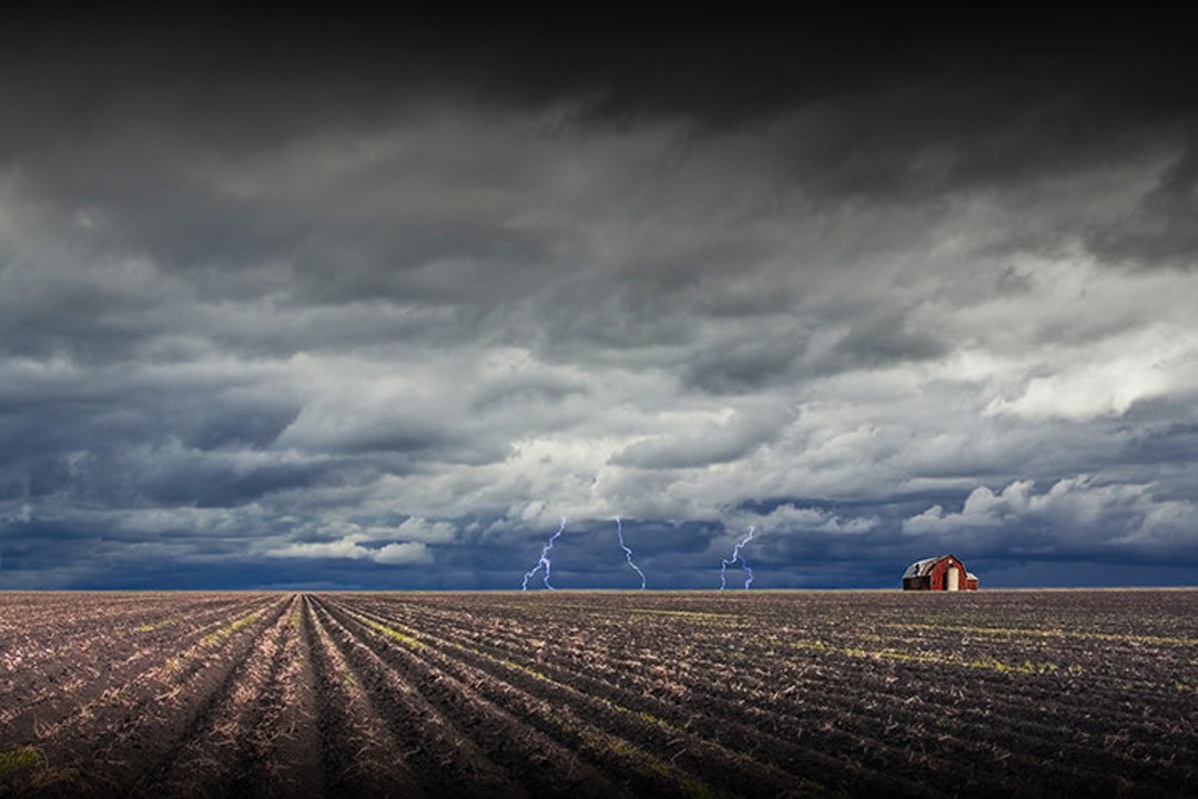Lightning Storm Over Field Furrows Panorama on a Southeast Texas Farm ...