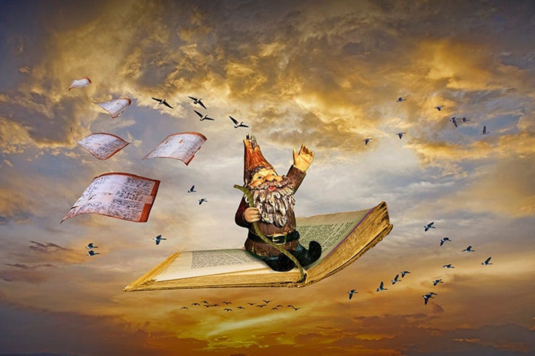 Gnome Flying on Book Art Print: Surreal Fantasy Wall Decor - Etsy
