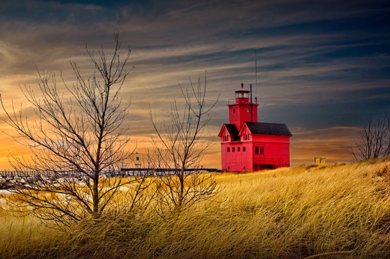 Big Red Lighthouse Michigan Lighthouse Lake Michigan Sunset - Etsy