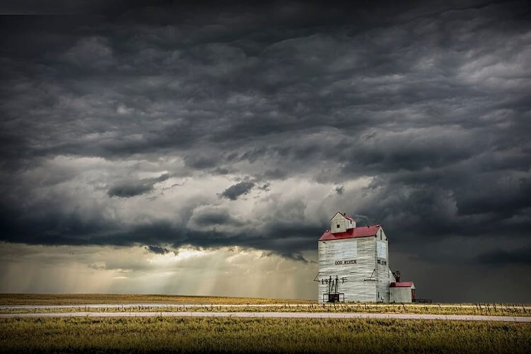 Grain Elevator Dog River With Stormy Skies in Rouleau Saskatchewan ...