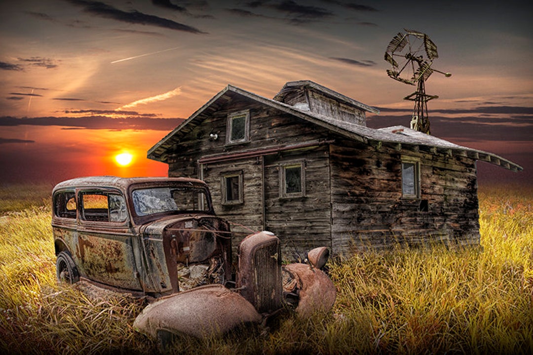 Abandoned Auto, Rustic Farm Wall Decor, Old Vintage Car, Farm Windmill ...