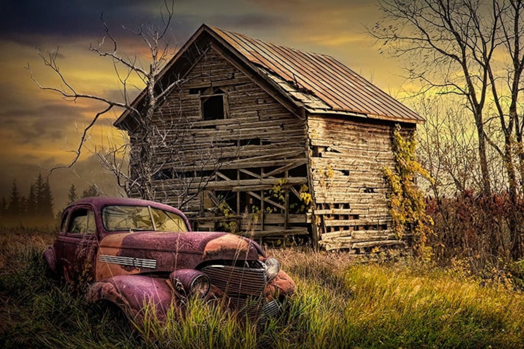 Abandoned Rusty Red Car With Weathered Barn in Americana Farm Scene ...