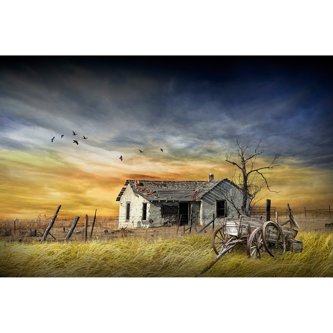 Abandoned Home With Broken Down Farm Wagon in an Americana Prairie Landscape With Flying Crows ...