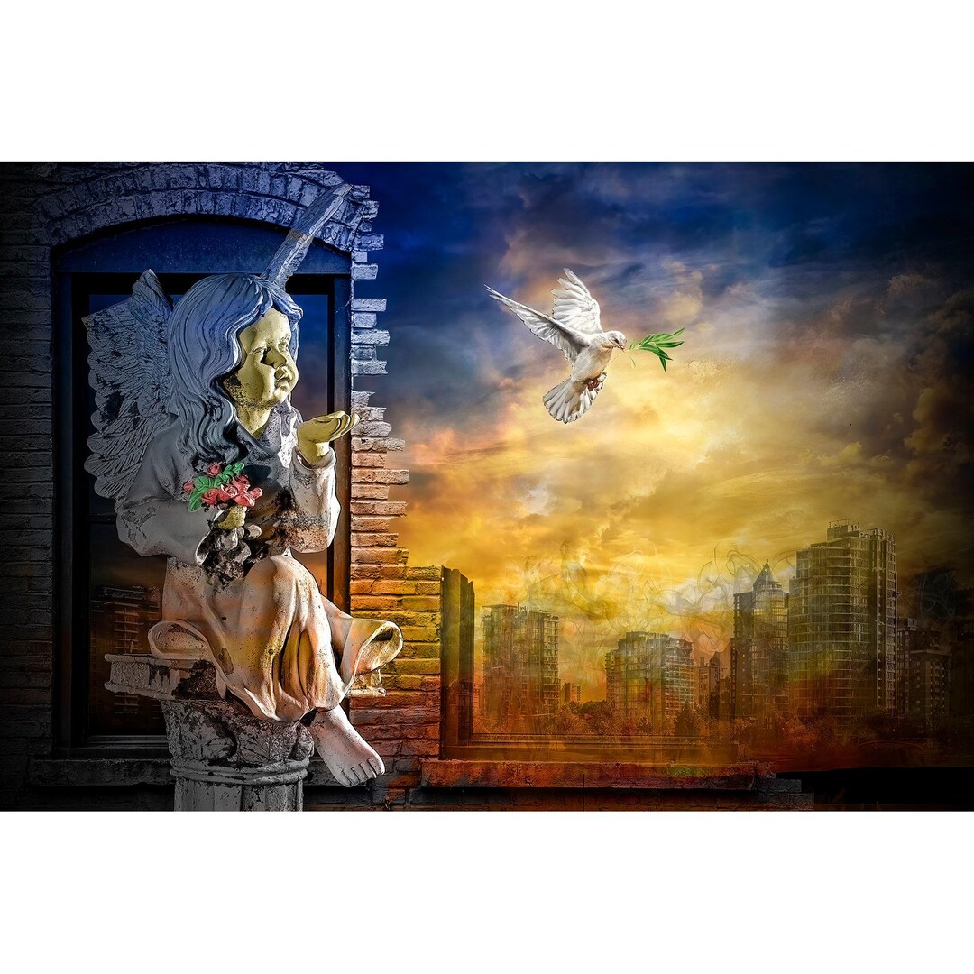 Angel and Dove With Olive Branch in Bombed Burning Cityscape, Peace and ...