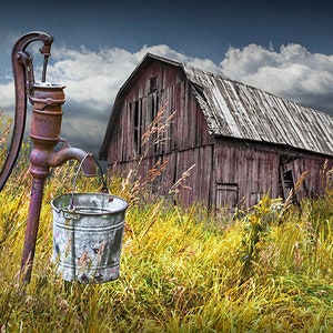 Farm Wall Decor of Rustic Water Pump With Weathered Barn, Americana ...