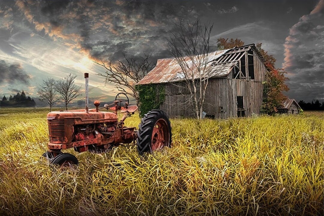 Rustic Farm Landscape Art Print: Red Tractor, Weathered Barn - Etsy