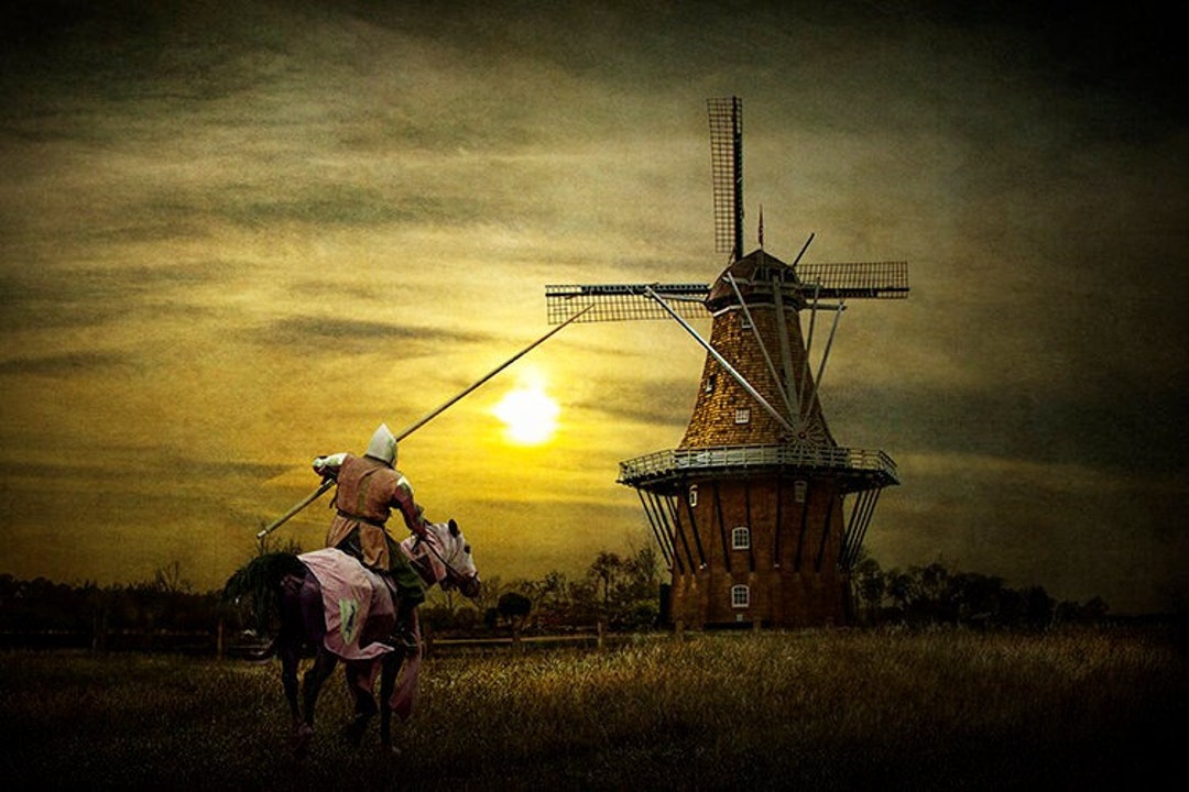 Don Quixote Knight Character Tilting at a Dutch Windmill Art, Classic ...