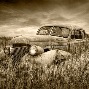 Rustic Car Wall Art of Abandoned Vehicle on the Prairie, Vintage Auto ...