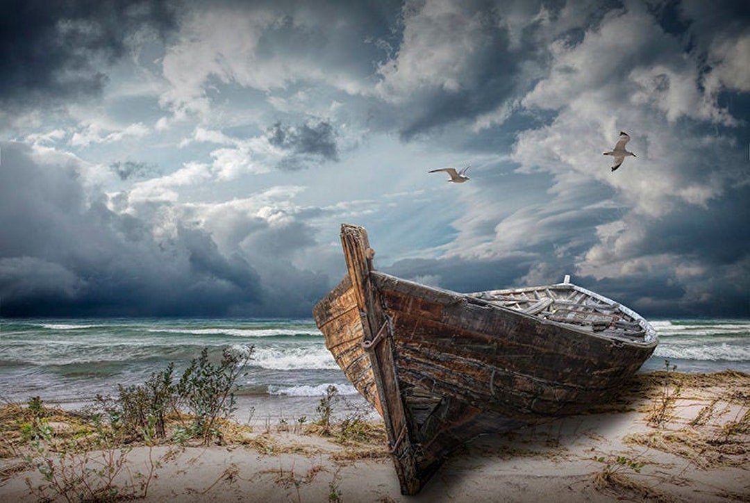 After the Storm, Beached Boat on the Shore, Nautical Boat Art, Flying ...