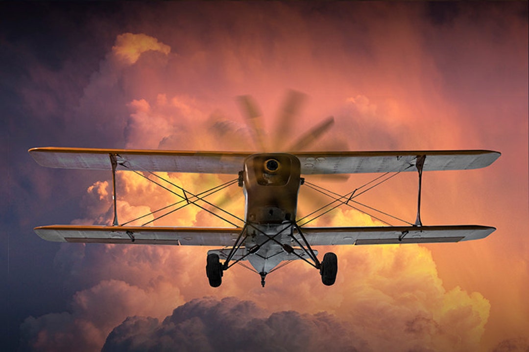 Vintage Biplane Print: Sunset Storm Clouds Aviation Art - Etsy