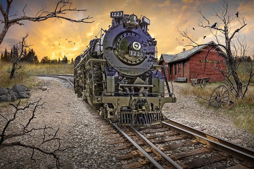 Whistle Stop Railroad Train Station With Steam Locomotive, Vintage ...