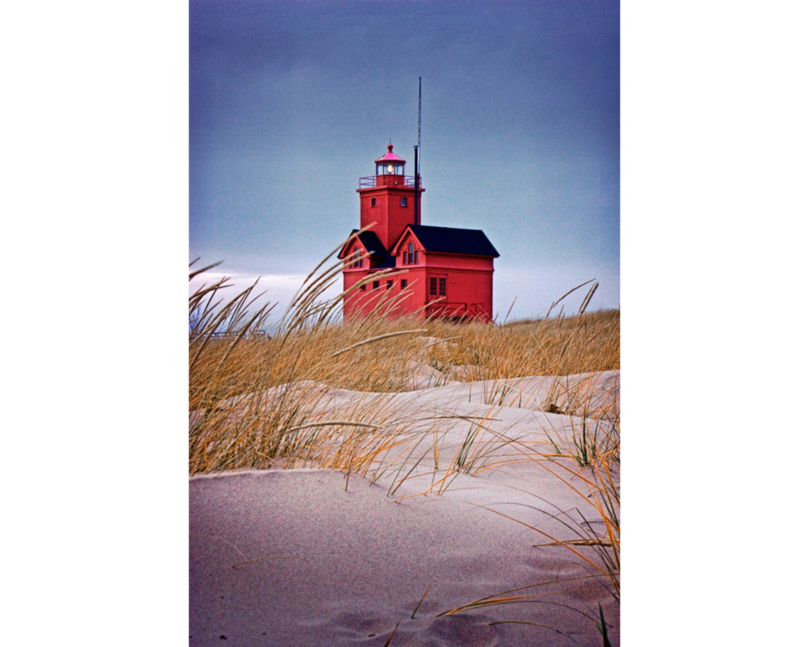 Big Red Lighthouse Lighthouse Photograph Sand Dune Grass | Etsy