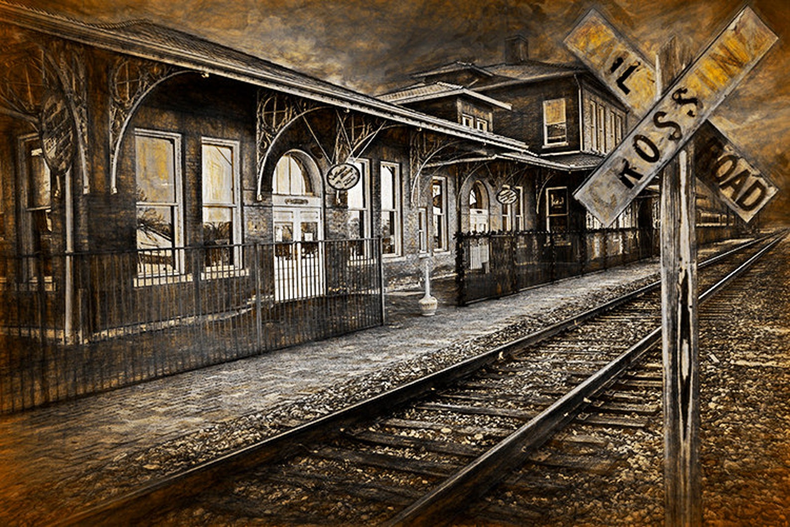 Painterly Effects of Old Train Station With Crossing Sign in - Etsy