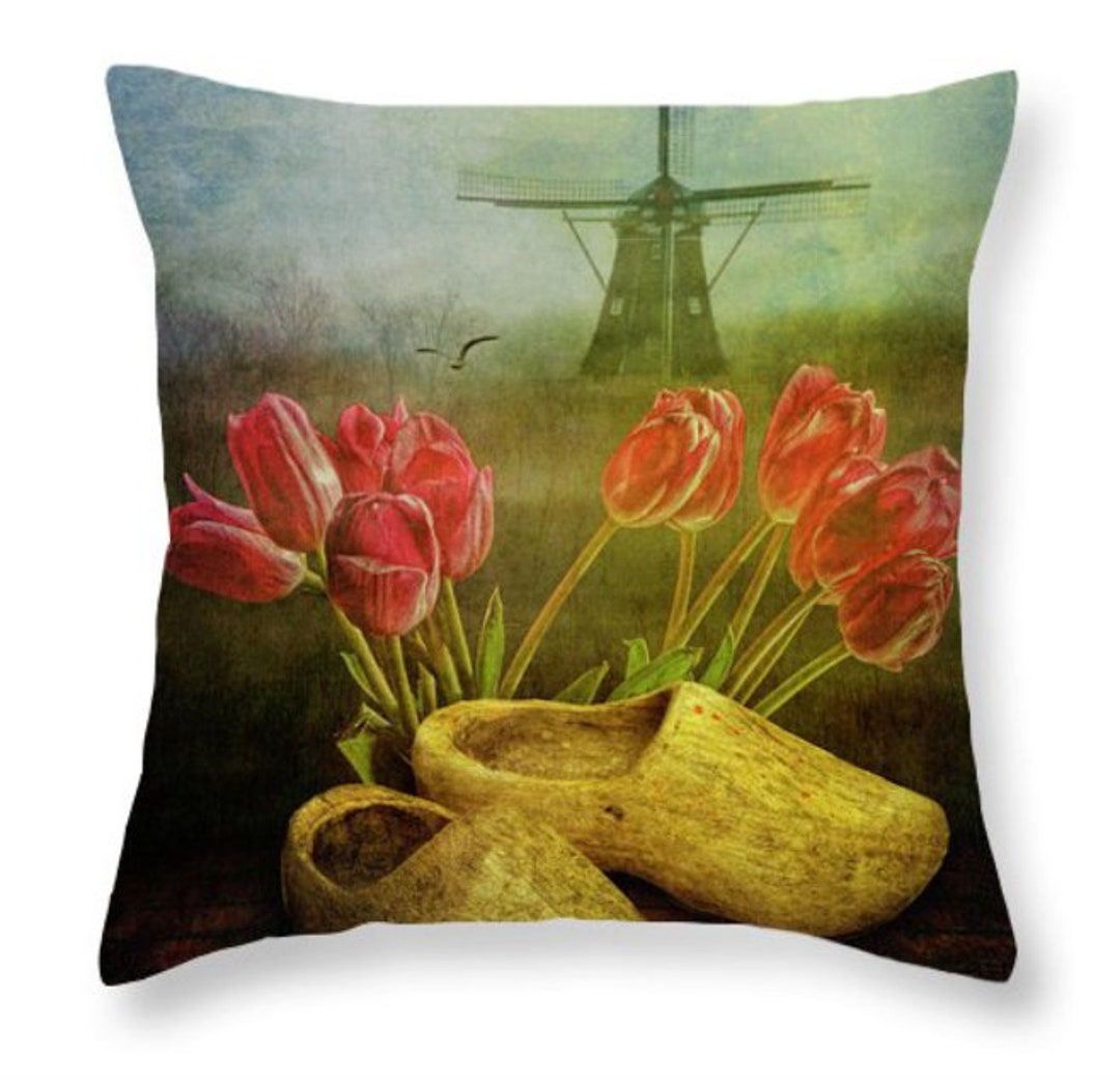 Dezwaan Dutch Windmill Throw Pillow With Tulips on Windmill - Etsy