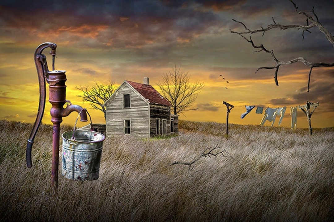 Rustic Water Pump With Clothesline Wash by Abandoned Farmhouse ...