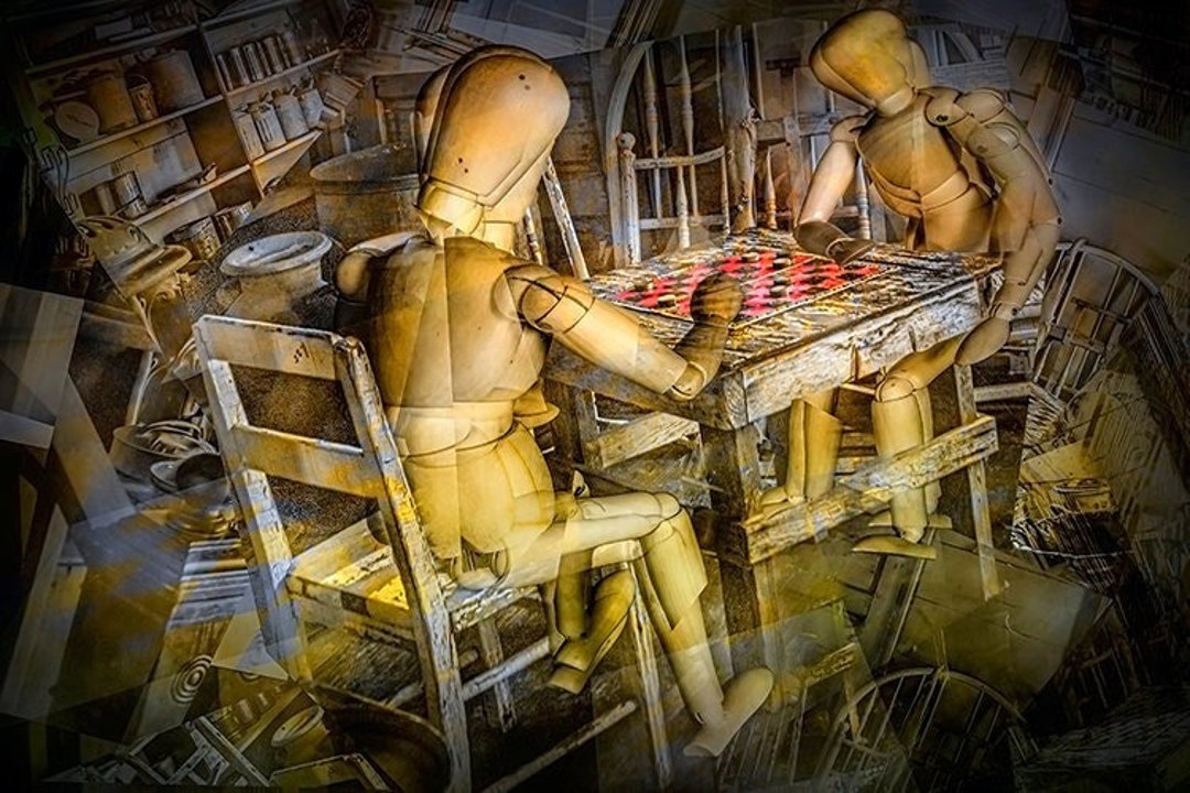 Wall Decor Art of Checker Board Game With Wooden Mannequins in Cubistic ...