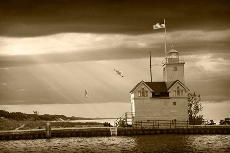 Big Red Lighthouse Photograph: Lake Michigan Ottawa Beach Sunbeams - Etsy